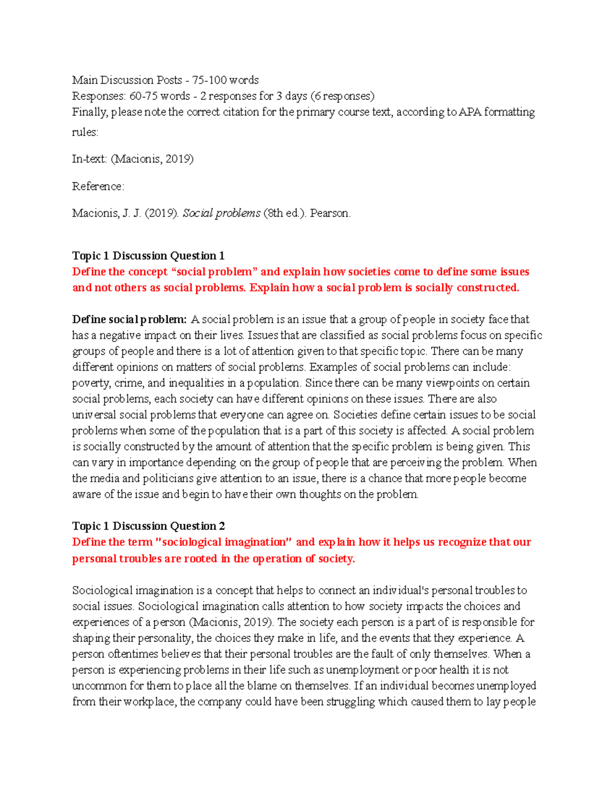 SOC 220 - Discussion Posts - Main Discussion Posts - 75-100 words ...