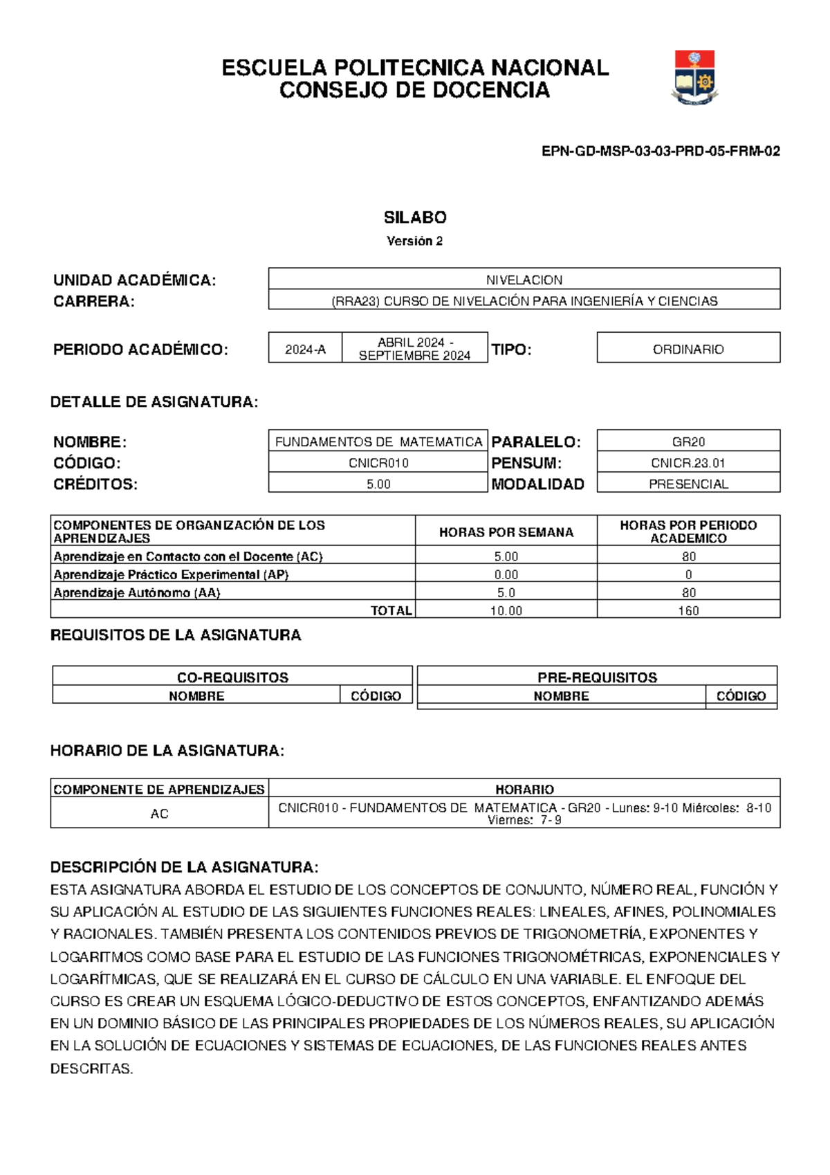 Silabo GR20 FMAT 2024A - Fghh - EPN-GD-MSP-03-03-PRD-05-FRM- SILABO ...