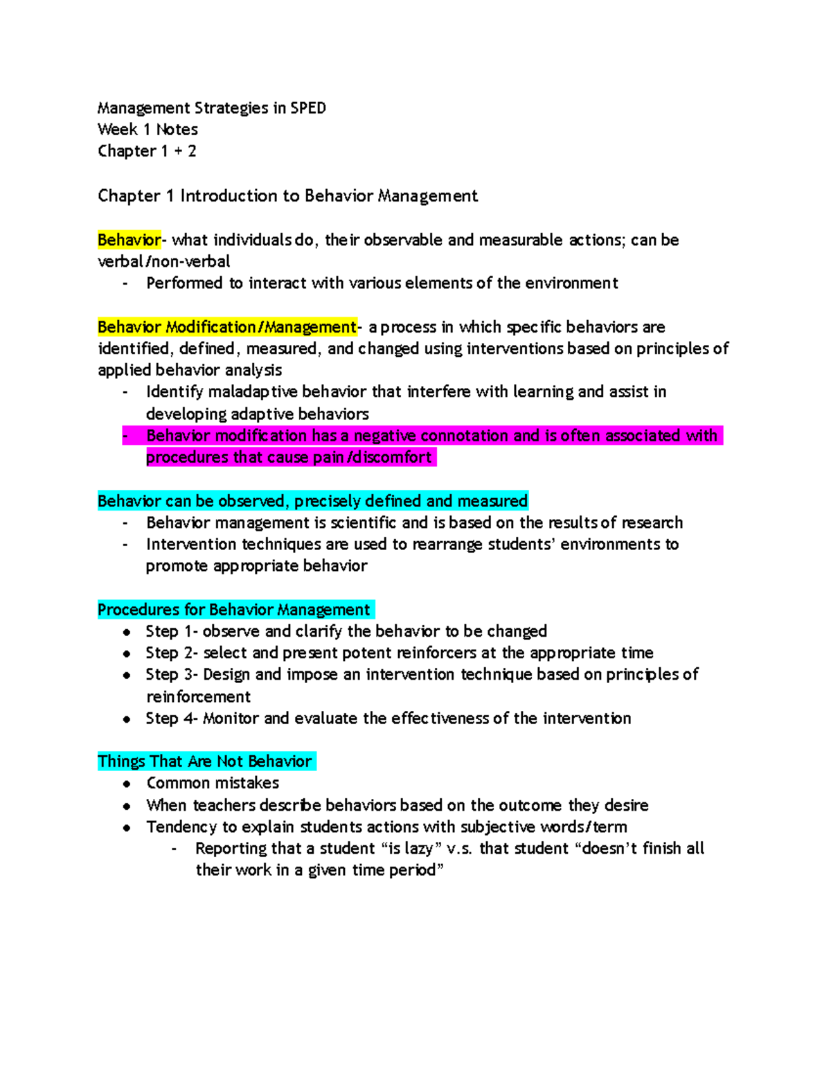 M.S. Week 1 Notes - Management Strategies in SPED Week 1 Notes Chapter ...