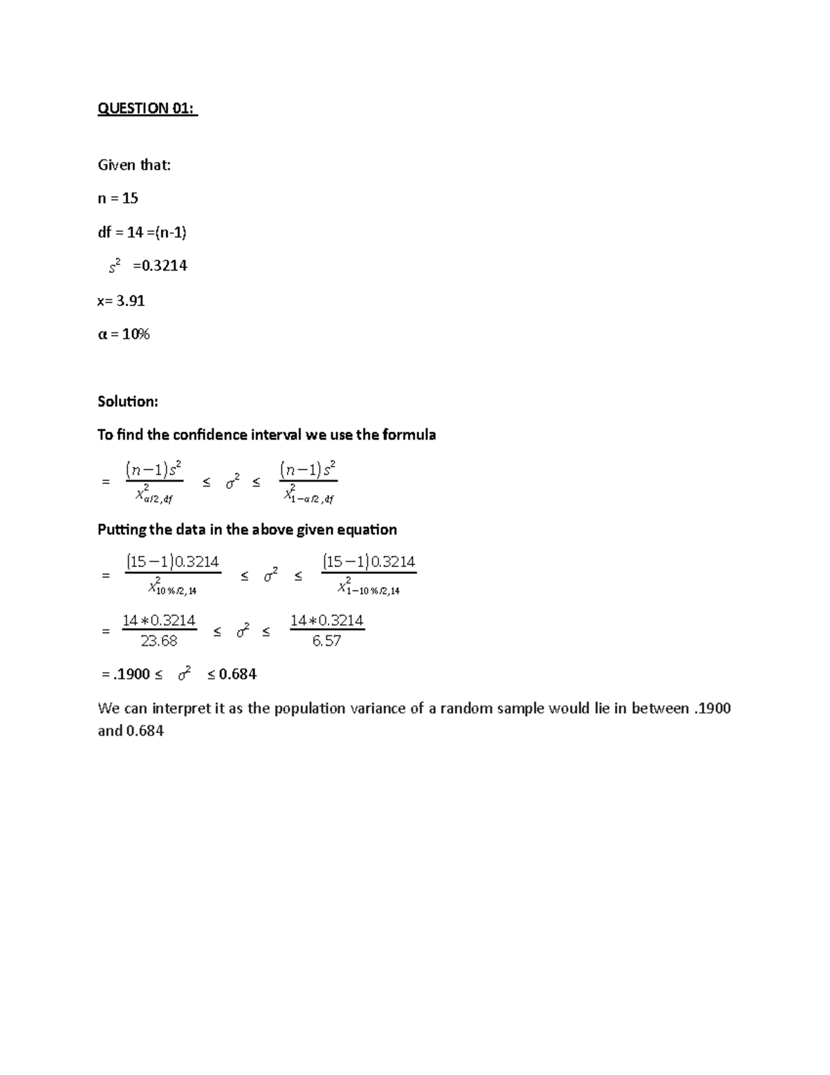 Practice questions - Given that: n = 15 df = 14 =(n-1) s 2 =0. x= 3. α ...