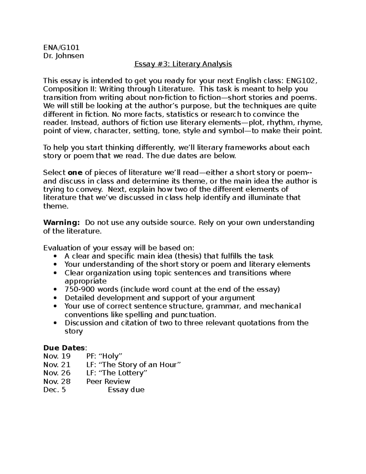 Literary Analysis Essay - ENA/G Dr. Johnsen Essay #3: Literary Analysis ...