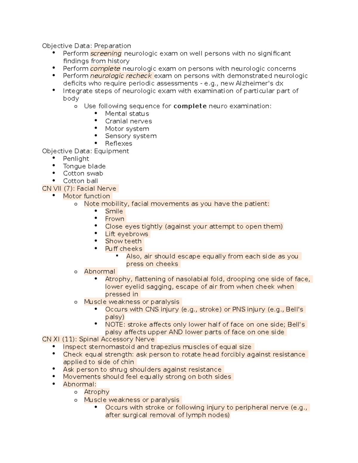 Neuro - part 2 - Objective Data: Preparation Perform screening ...