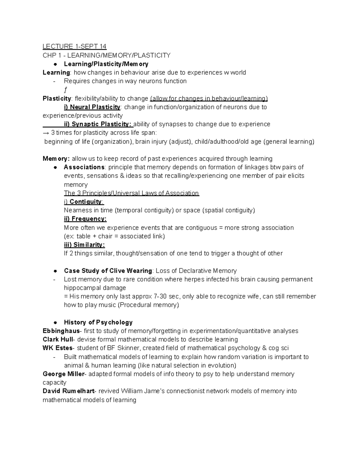 PSY260 TT1 Notes - LECTURE 1-SEPT 14 CHP 1 - LEARNING/MEMORY/PLASTICITY ...