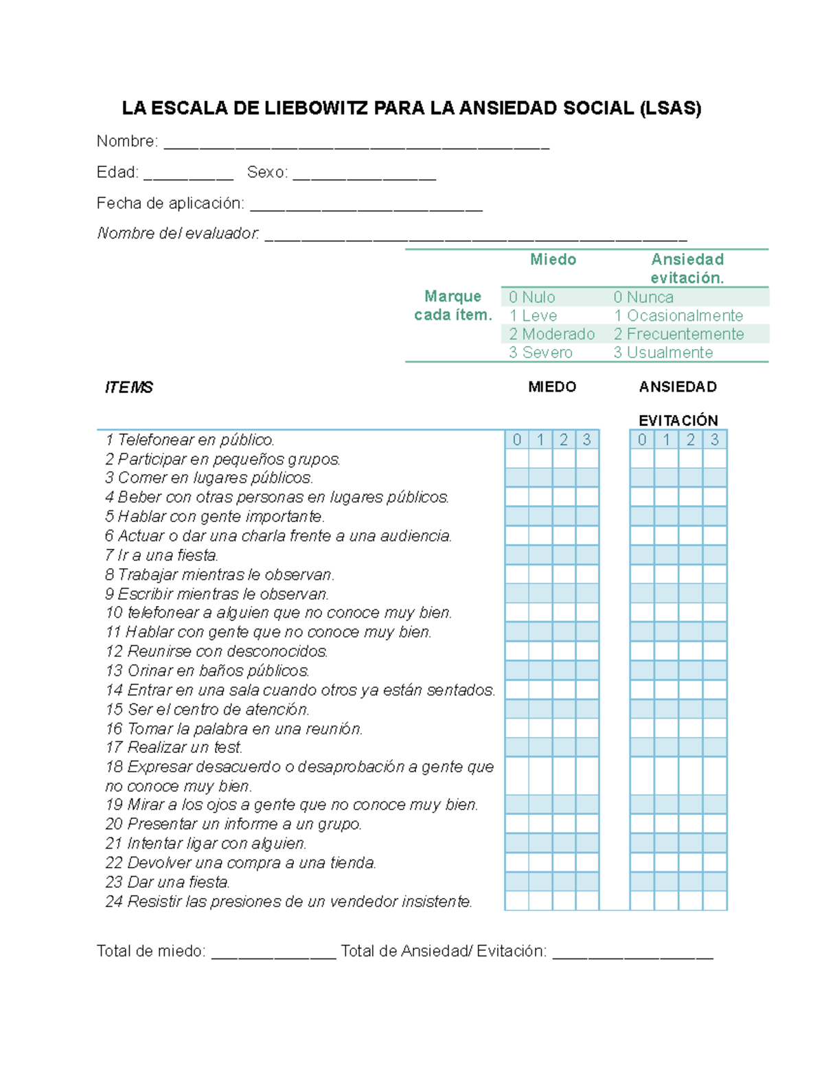 Formato LSAS (oficial) - LA ESCALA DE LIEBOWITZ PARA LA ANSIEDAD SOCIAL ...