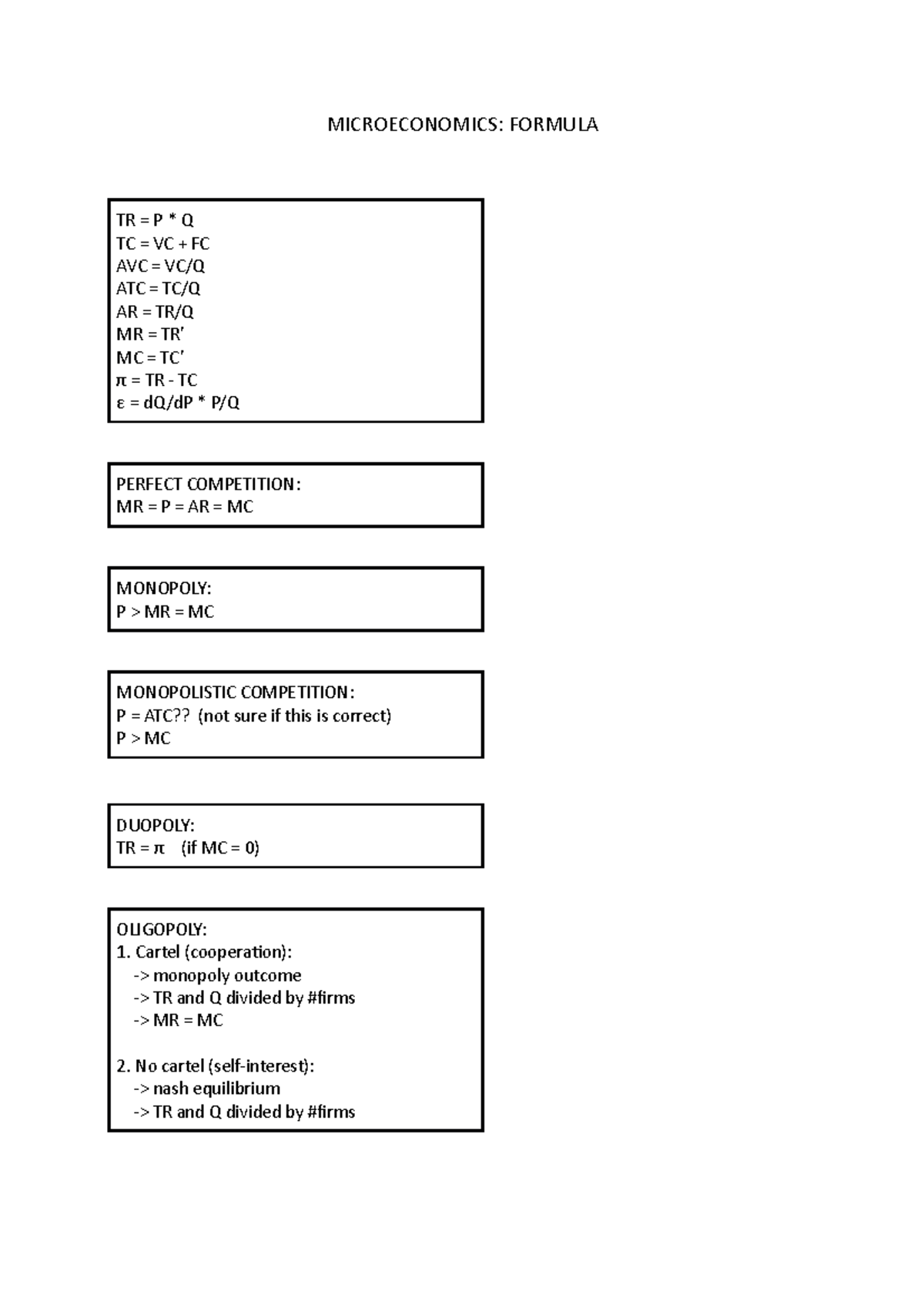 Formula sheet for microeconomics - MICROECONOMICS: FORMULA TR = P * Q ...