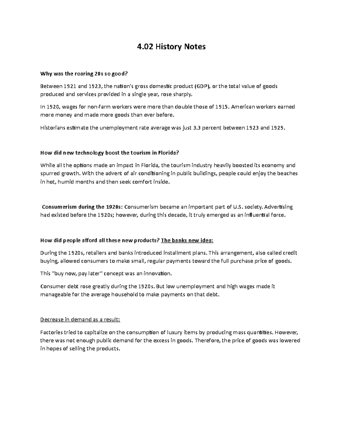 U.S History notes 4.01 - 4.05 - 4 History Notes Why was the roaring 20s ...