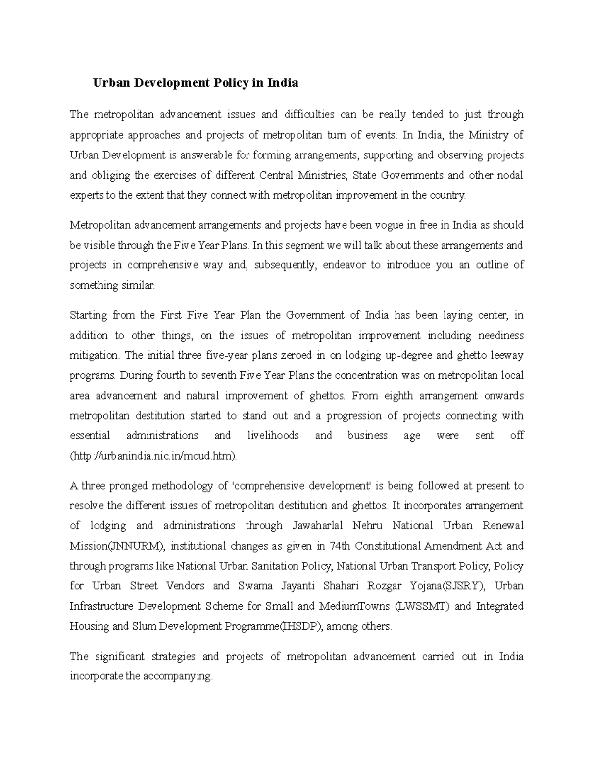 Urban Development Policy in India - In India, the Ministry of Urban ...