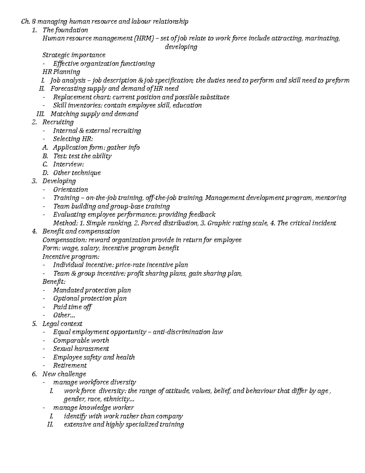 Ch 8 notes - instructor: mike ford - Ch. 8 managing human resource and ...