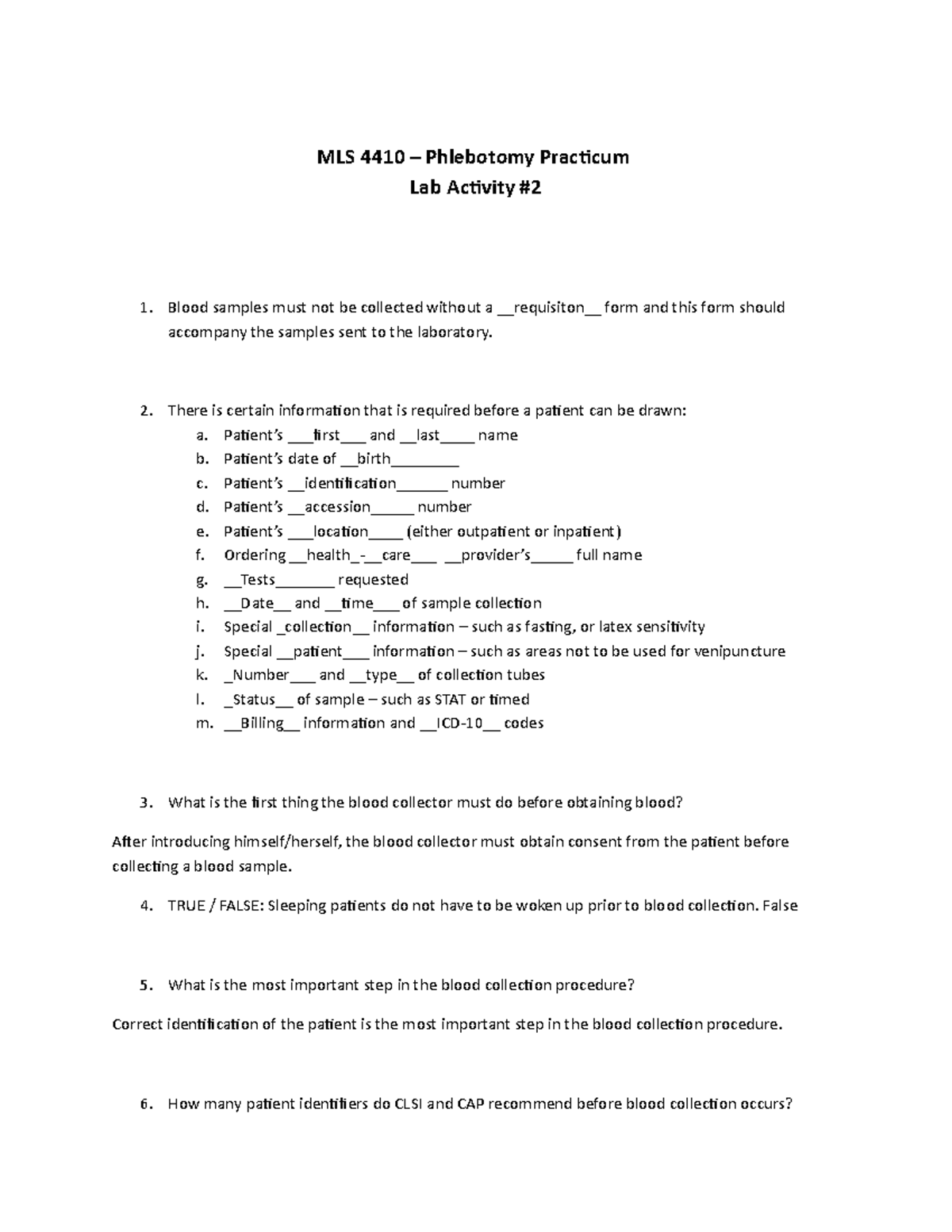 Phleb Lab2 - lab activity - MLS 4410 – Phlebotomy Practicum Lab ...