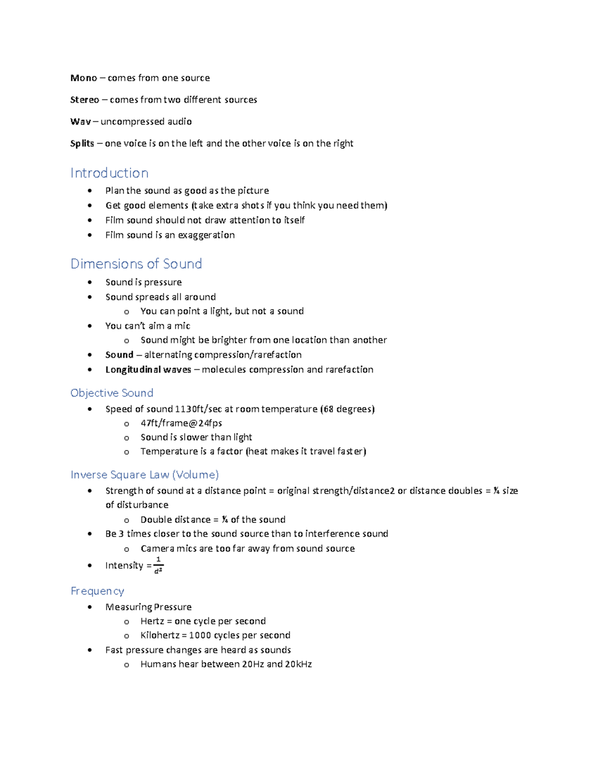 001_Introduction to Sound Notes - Mono – comes from one source Stereo ...