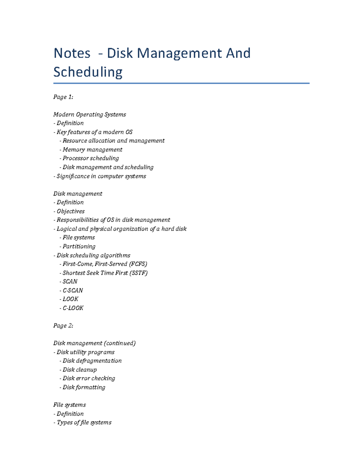 Lecture Notes Disk Management And Scheduling Notes Disk Management And Scheduling Page 1