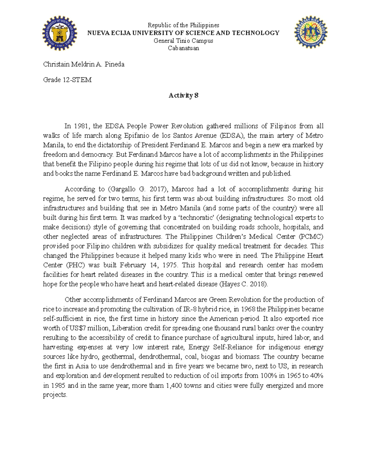 Activity 8 - Republic of the Philippines NUEVA ECIJA UNIVERSITY OF ...