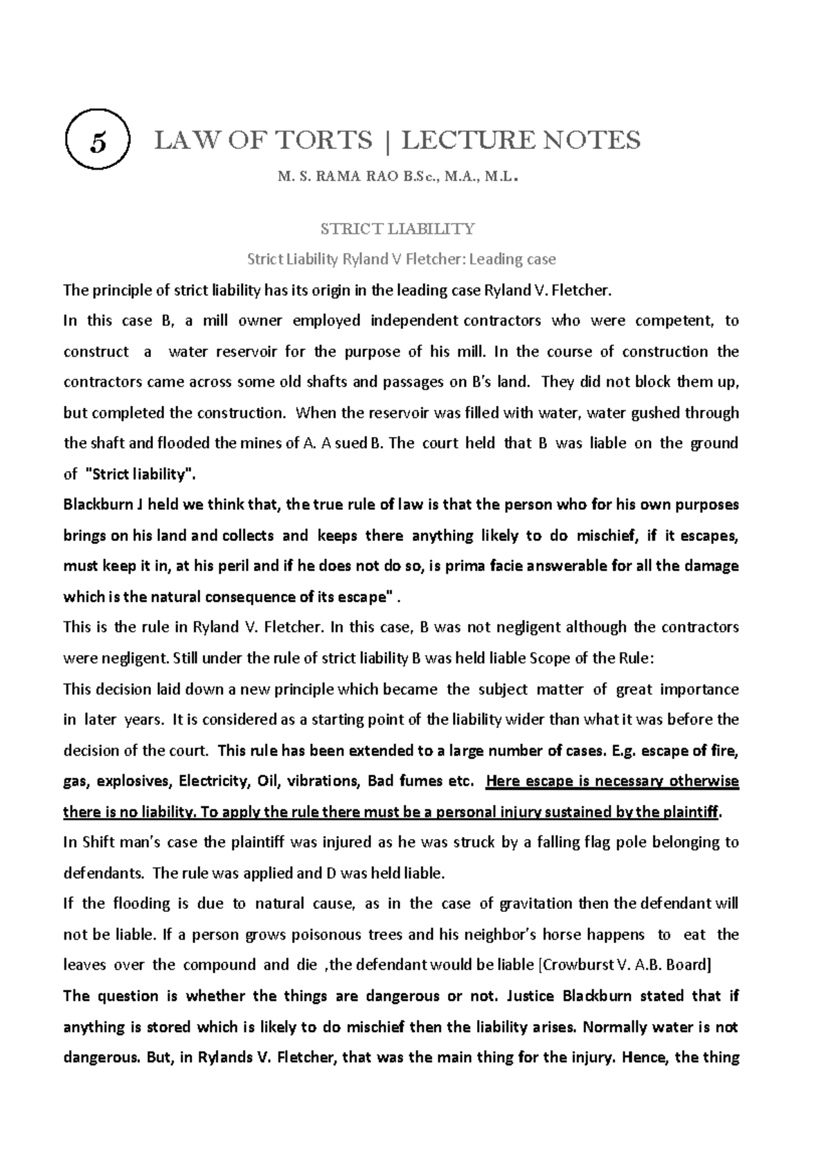 TORT LAW Notes 5 - Y1S2 Material - LAW OF TORTS | LECTURE NOTES M. S ...