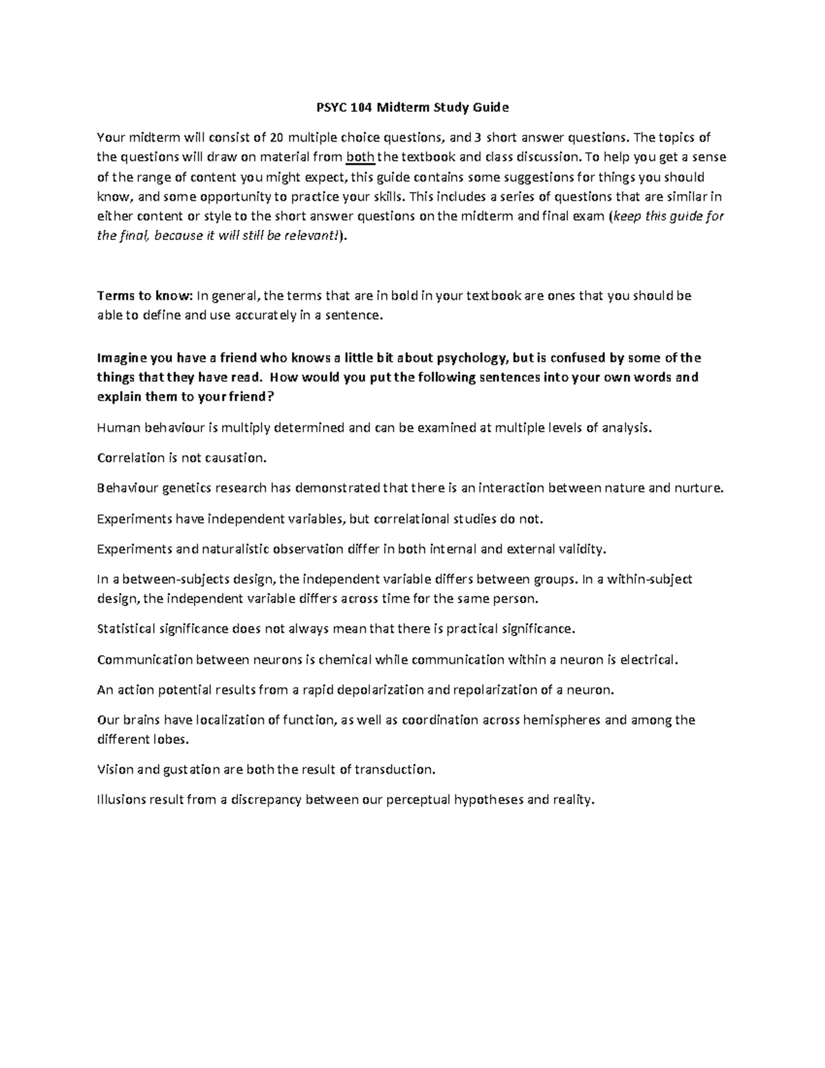 Psych midterm study guide - PSYC 104 Midterm Study Guide Your midterm ...