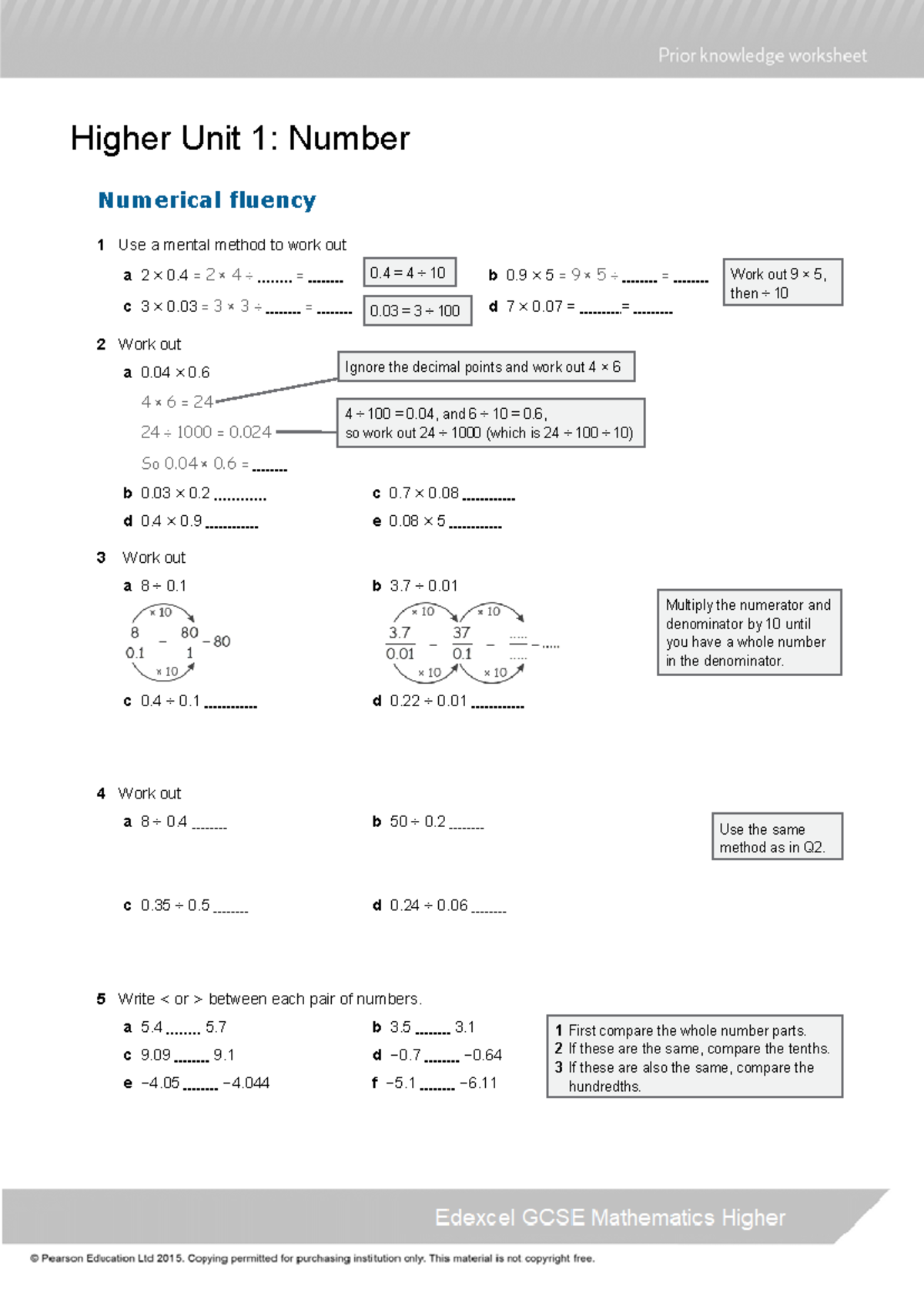 Z1.1 prior knowledge - Higher Unit 1: Number Numerical fluency 1 Use a ...