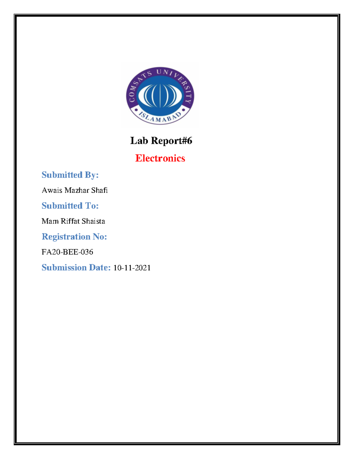 Lab Report#6 Electronics 036 Awais Mazhar-converted - Lab Report ...
