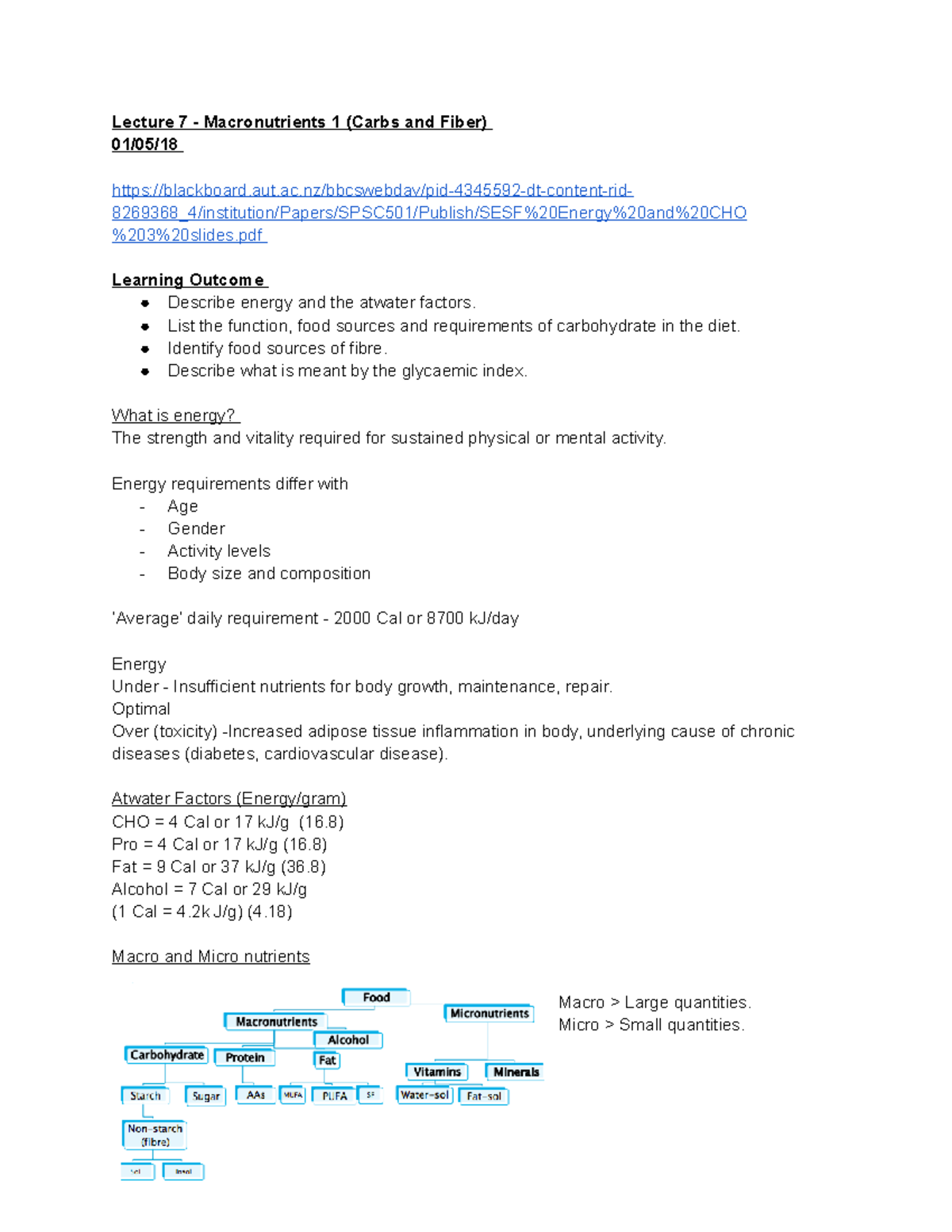 Fundamentals Nutrition Notes - Lecture 7 - Macronutrients 1 (Carbs and ...