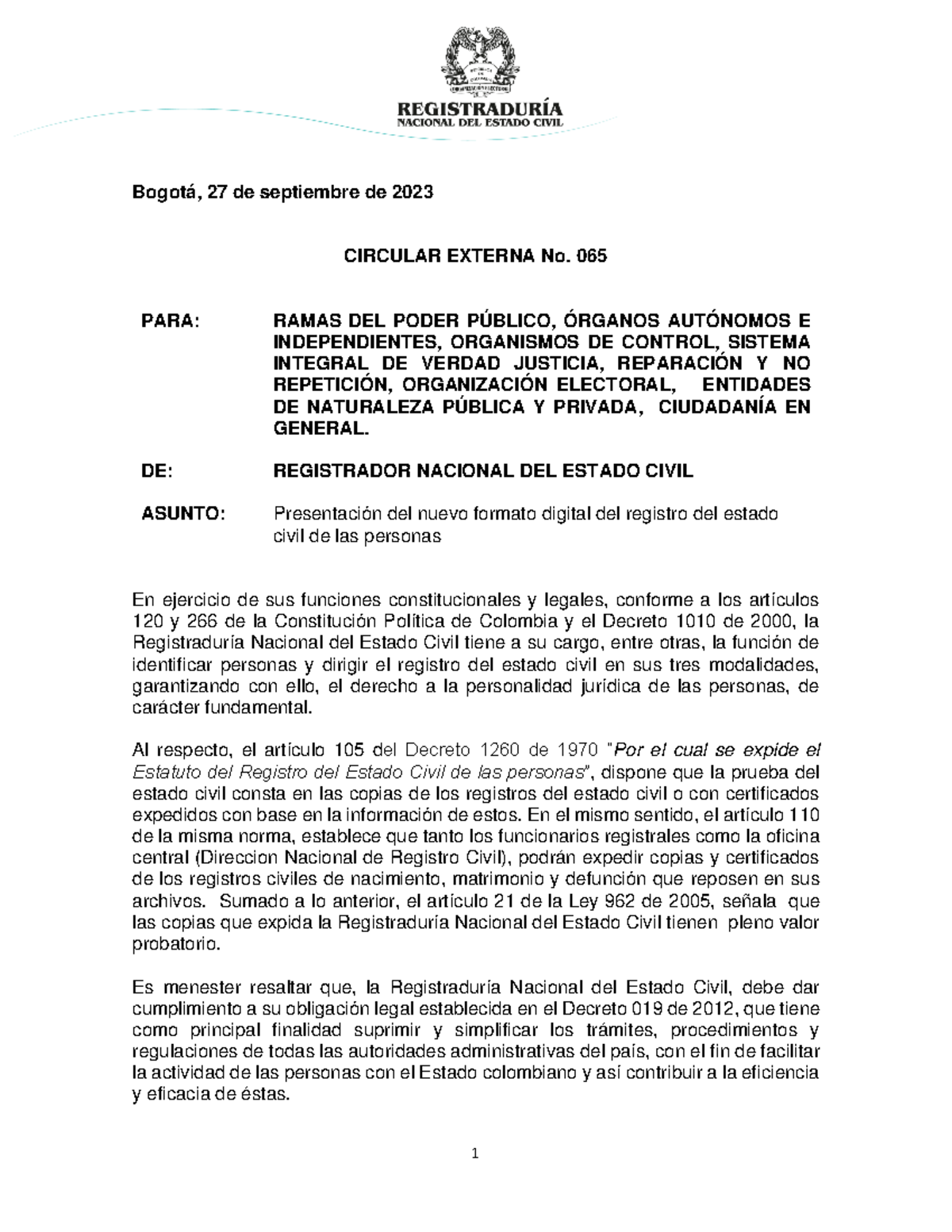 Circular Externa RC Digital - Bogotá, 27 de septiembre de 2023 CIRCULAR EXTERNA No. 065 PARA ...