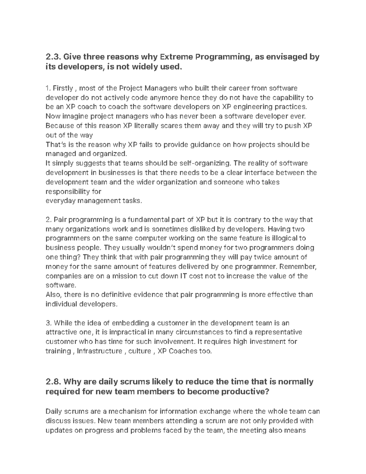 SE HW 3 - course work - 2. Give three reasons why Extreme Programming ...