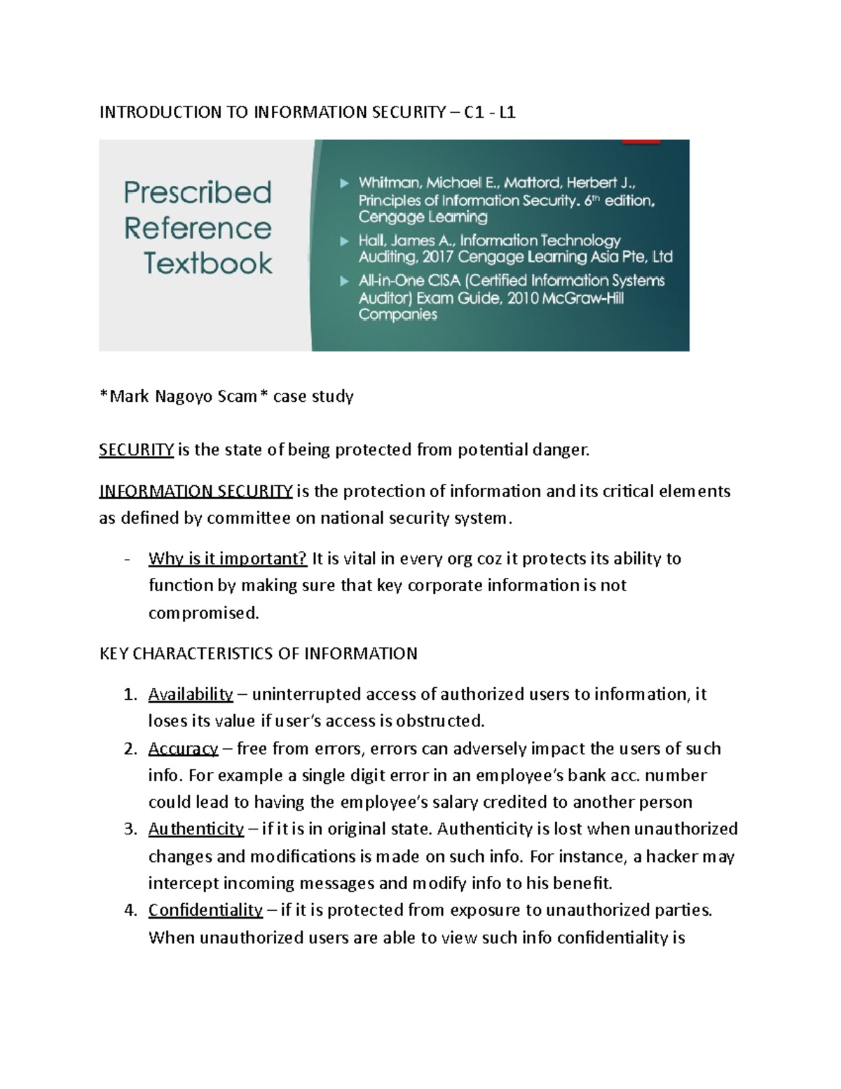ISM Lesson 1 - INTRODUCTION TO INFORMATION SECURITY – C1 - L Mark Nagoyo Scam case study ...