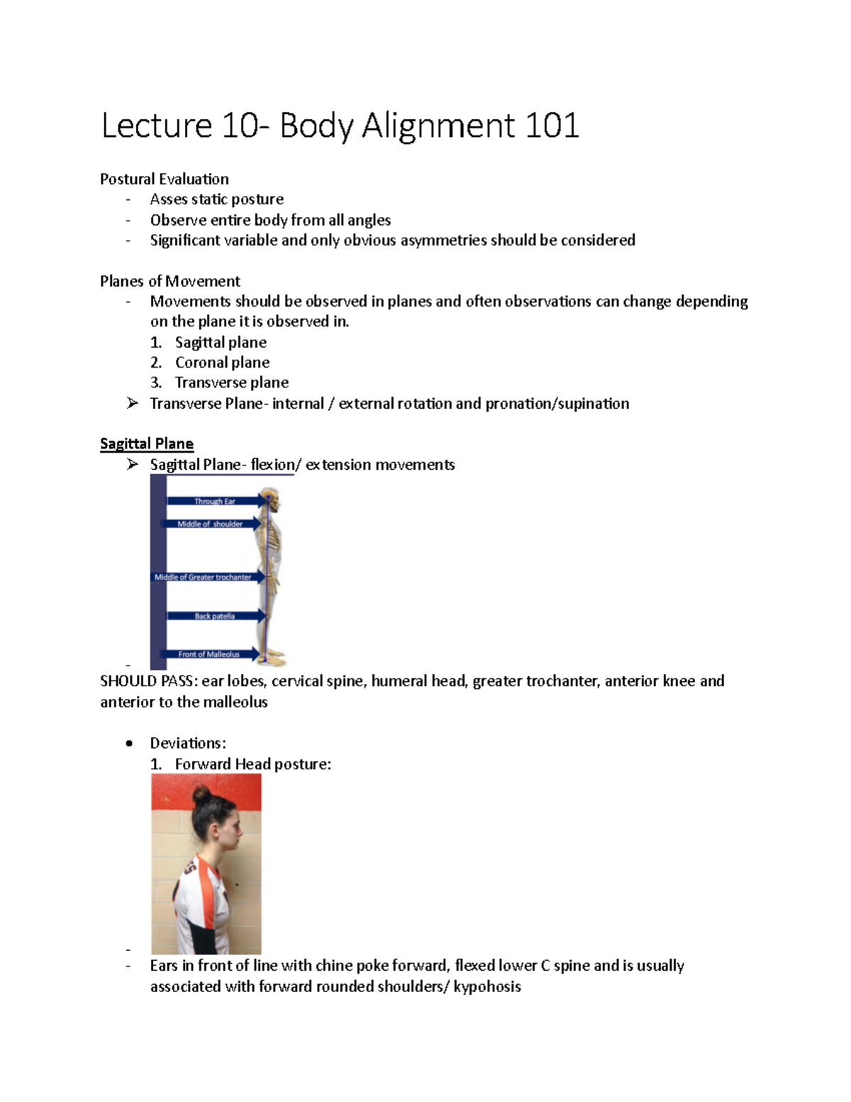 2236- Lecture 10 - Lecture 10- Body Alignment 101 Postural Evalua,on - Asses sta,c posture ...