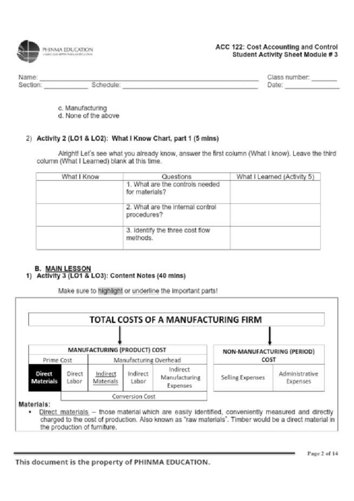 ACC122 SAS3 - PHINMA EDUCATION ACC 122: Cost Accounting and Control ...