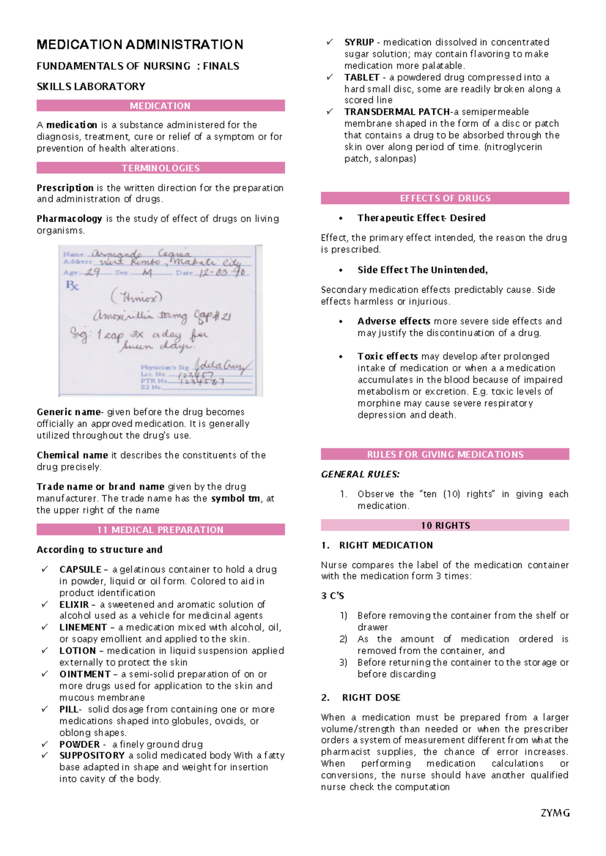 Medication Notes - ZYMG MEDICATION ADMINISTRATION FUNDAMENTALS OF ...
