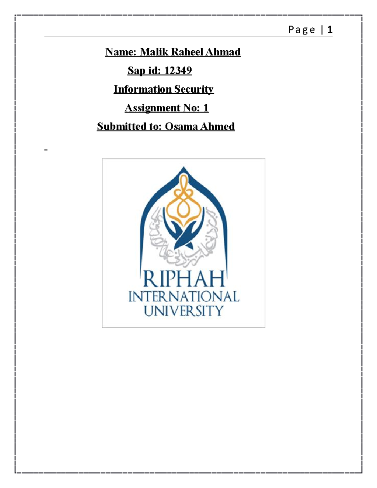 Malik Raheel Ahmad (12349) IS Assig 1 - Name: Malik Raheel Ahmad Sap id ...