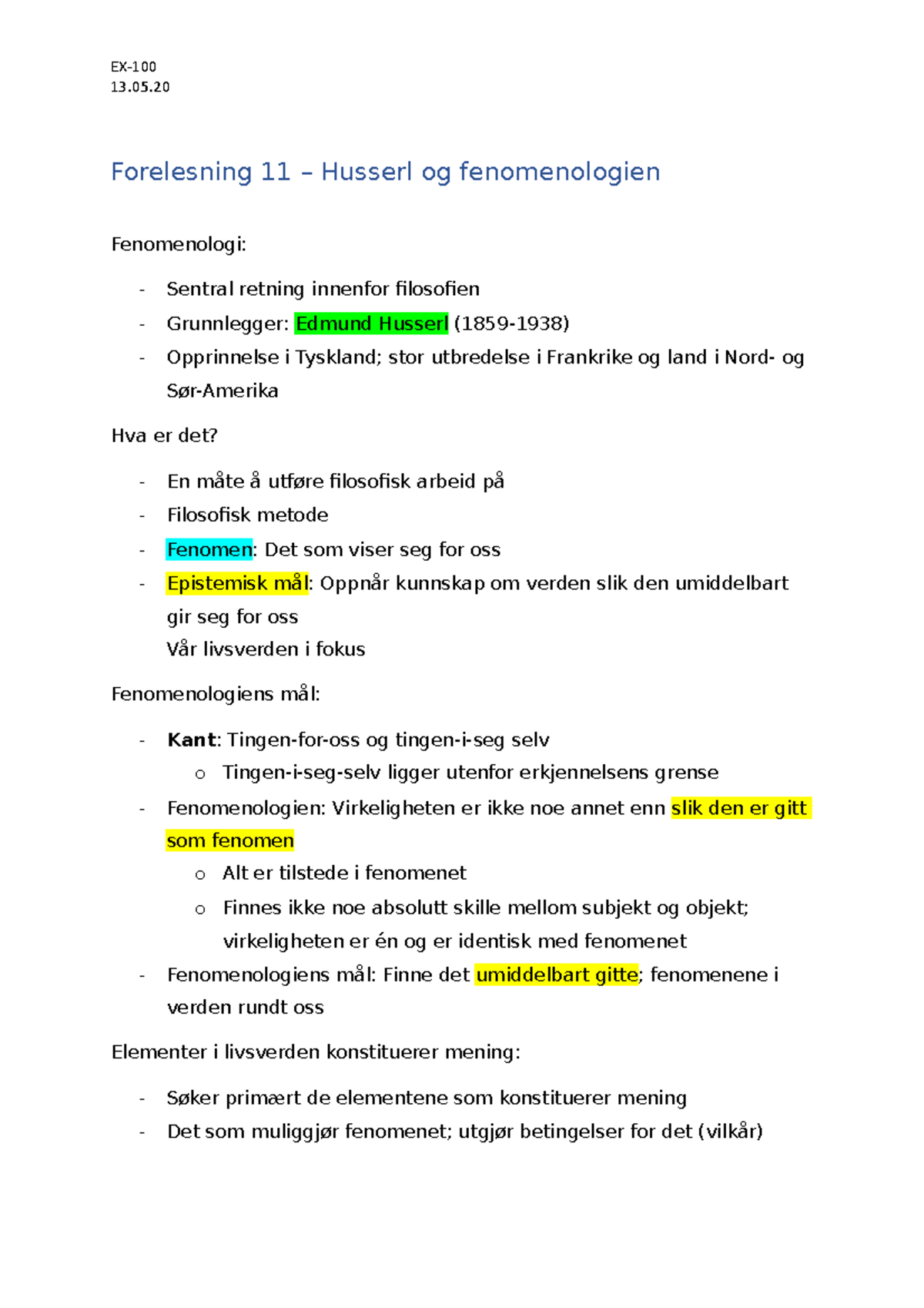 Forelesning 11 - Husserl og fenomenologien - EX- 13. Forelesning 11 – Husserl og fenomenologien ...