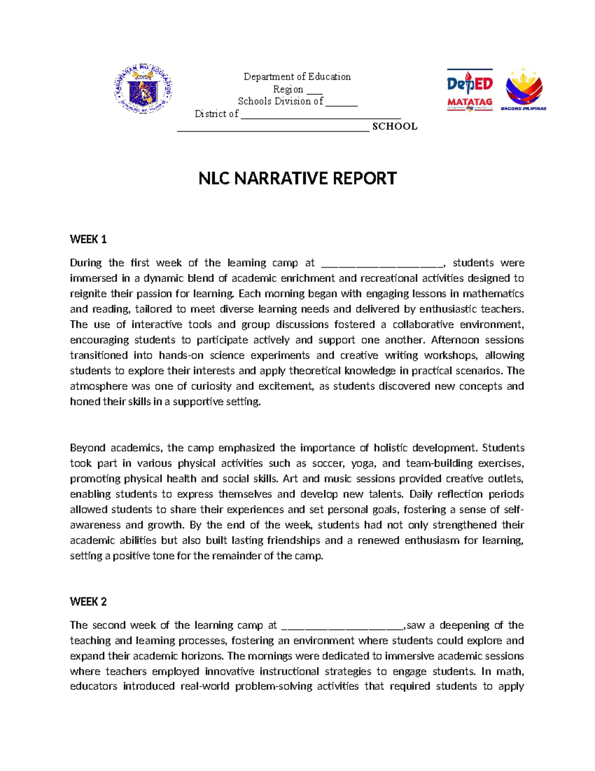 NLC Narrative Report ( Science) - Department of Education Region ...