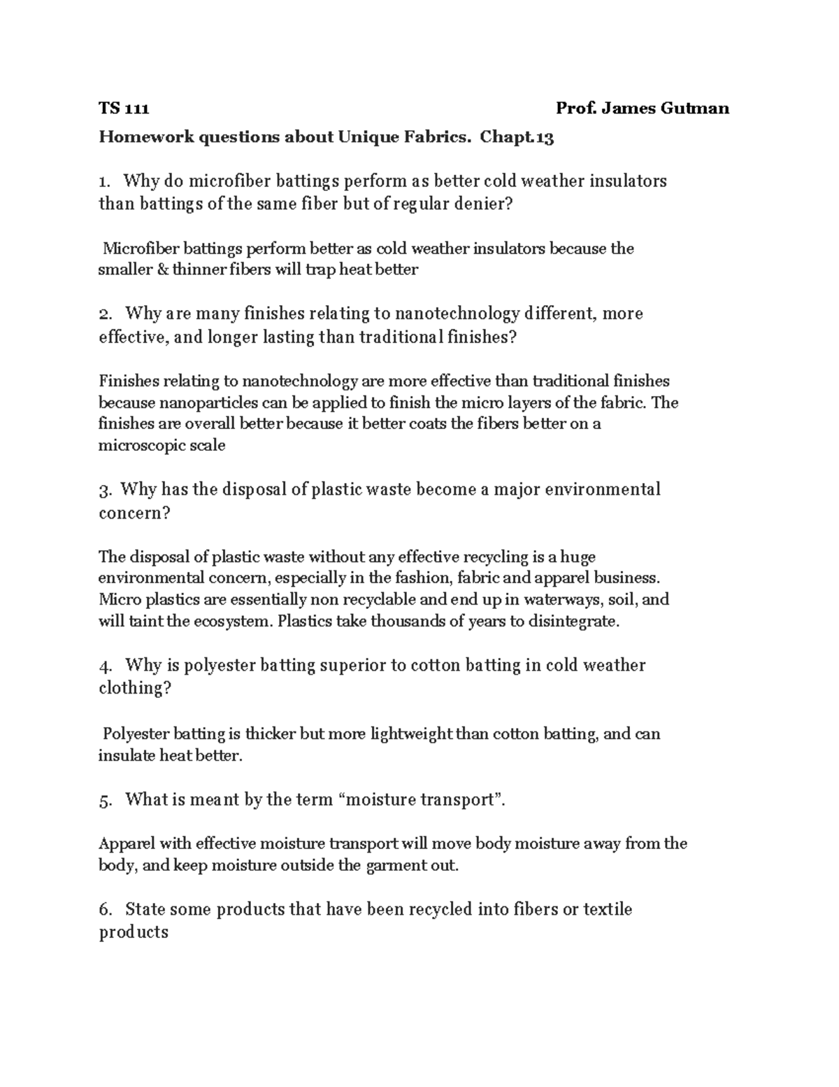 HW13 TS111 - TS 111 Prof. James Gutman Homework questions about Unique ...