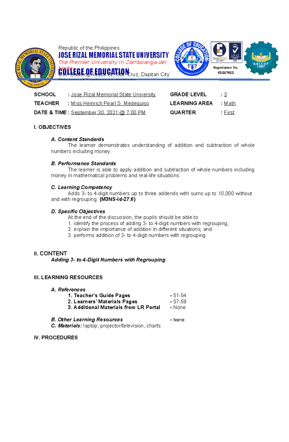 4A's Lesson Plan - COLLEGE OF EDUCATION SCHOOL : Jose Rizal Memorial ...