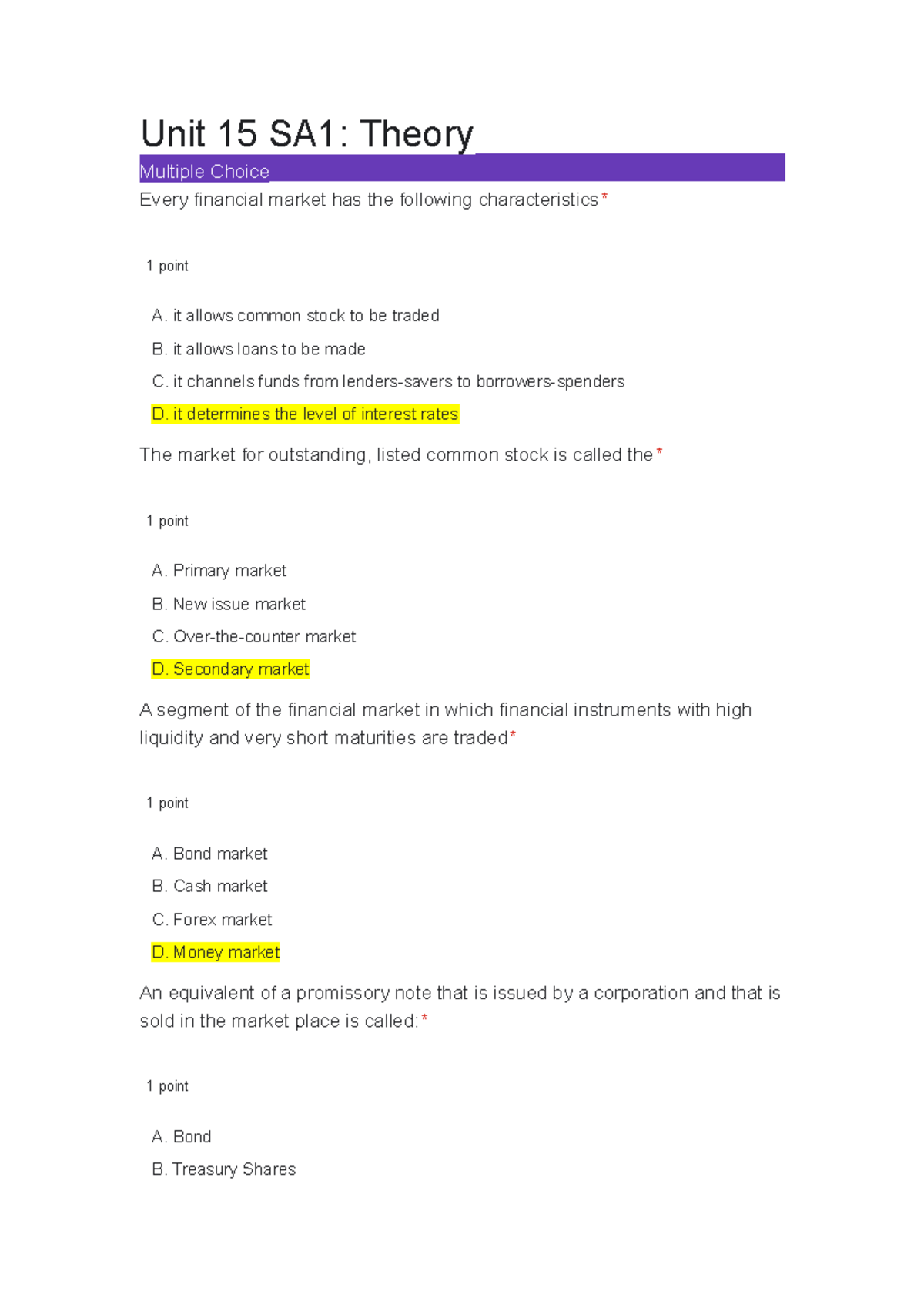 Unit 15 SA1 Assessment Quiz perfect Unit 15 SA1 - Unit 15 SA1: Theory ...