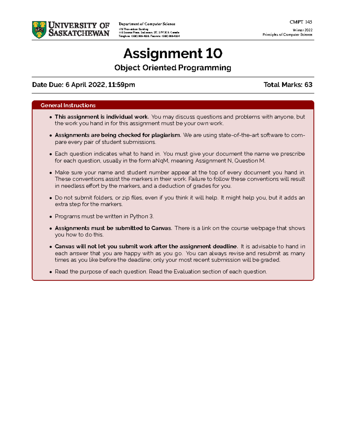 Assignment 10 of CMPT-145 - Department of Computer Science 176 ...