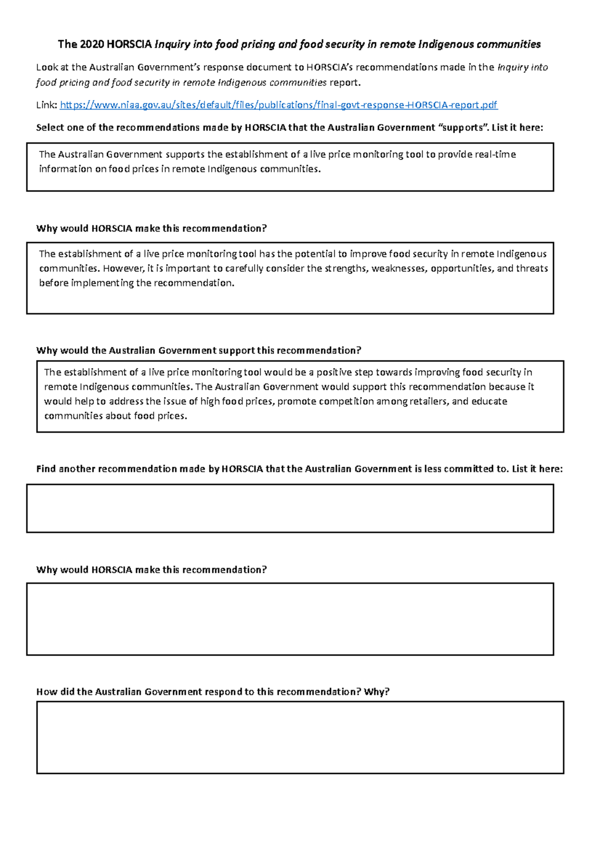 Ausgov Horscia report response worksheet - The 2020 HORSCIA Inquiry ...
