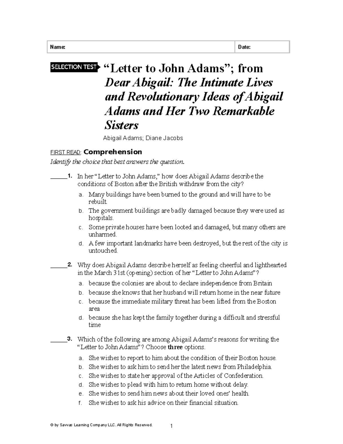 Letter to Adams for final - Name: Date: “Letter to John Adams”; from ...