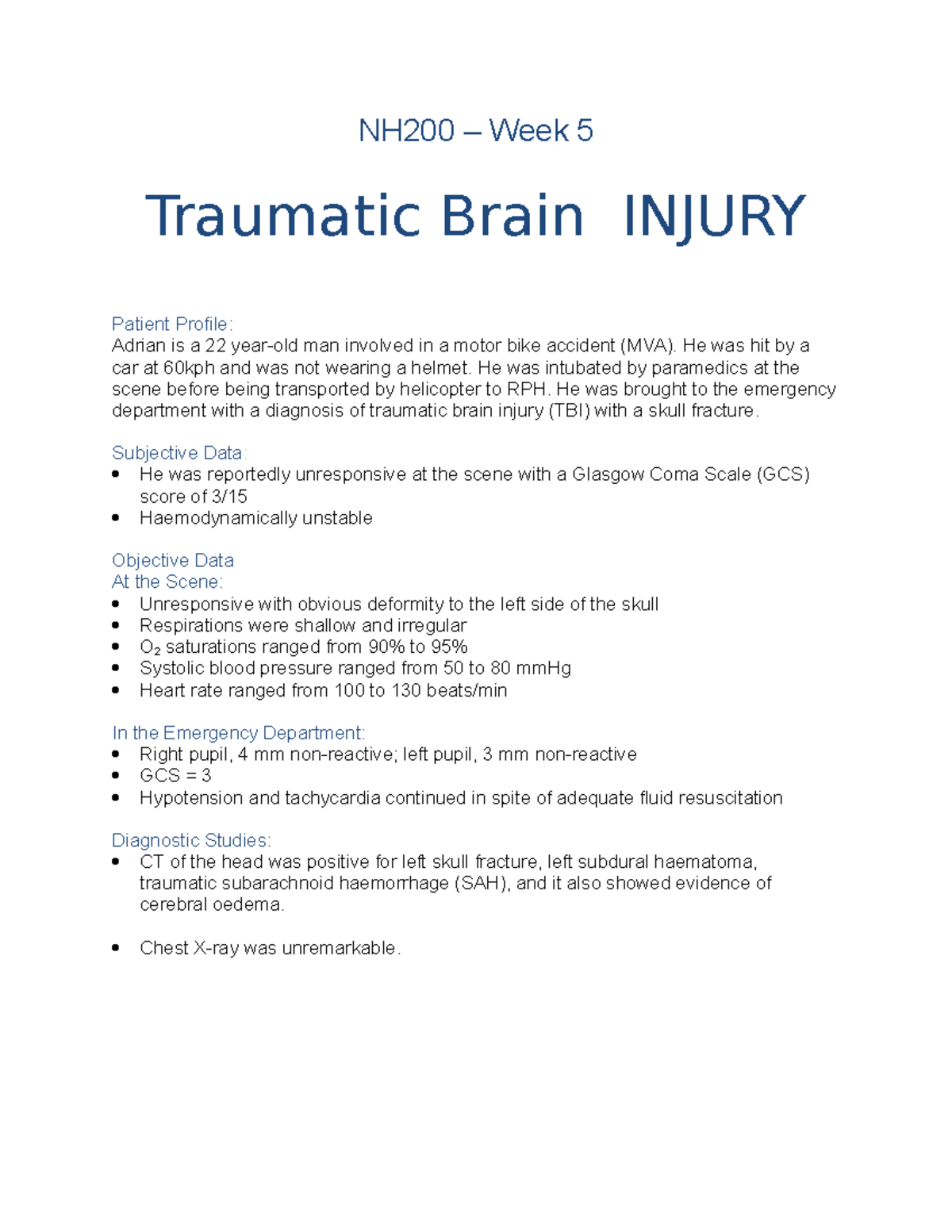 Brain Trauma Question & Answers - NH200 – Week 5 Traumatic Brain INJURY ...