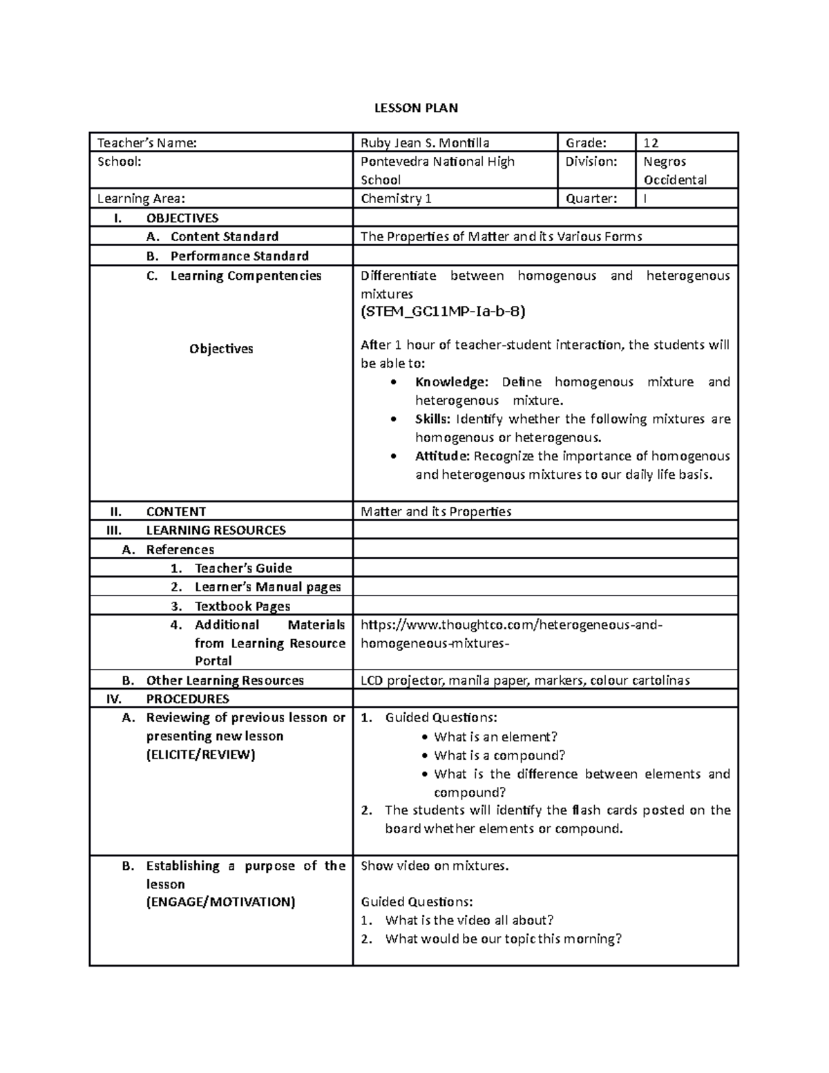 Homo amp heterogenous ruby - LESSON PLAN Teacher’s Name: Ruby Jean S ...