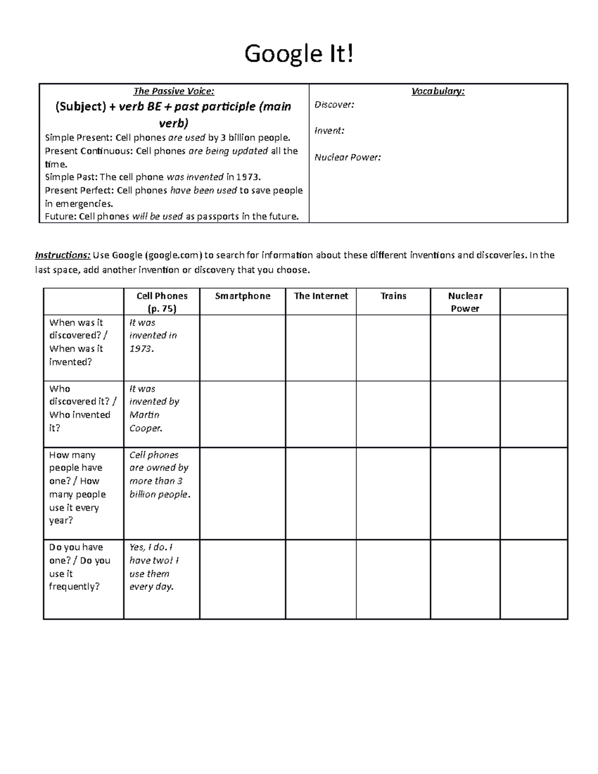 Passive voice Google it - Google It! The Passive Voice: (Subject ...