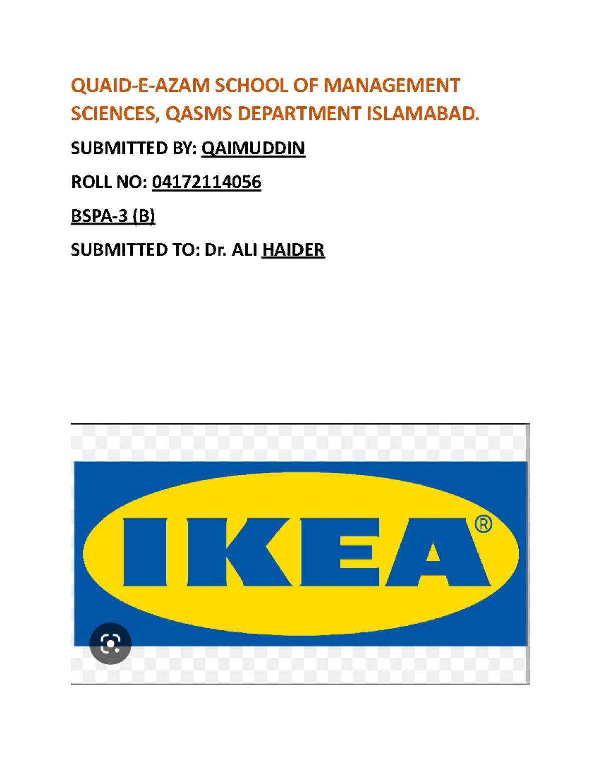 Qaimuddin.. 04172114056 - QUAID-E-AZAM SCHOOL OF MANAGEMENT SCIENCES ...