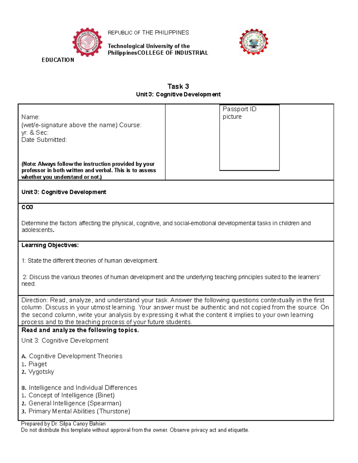 Task 3-Cognitive Development-Midterm - REPUBLIC OF THE PHILIPPINES Technological University of ...