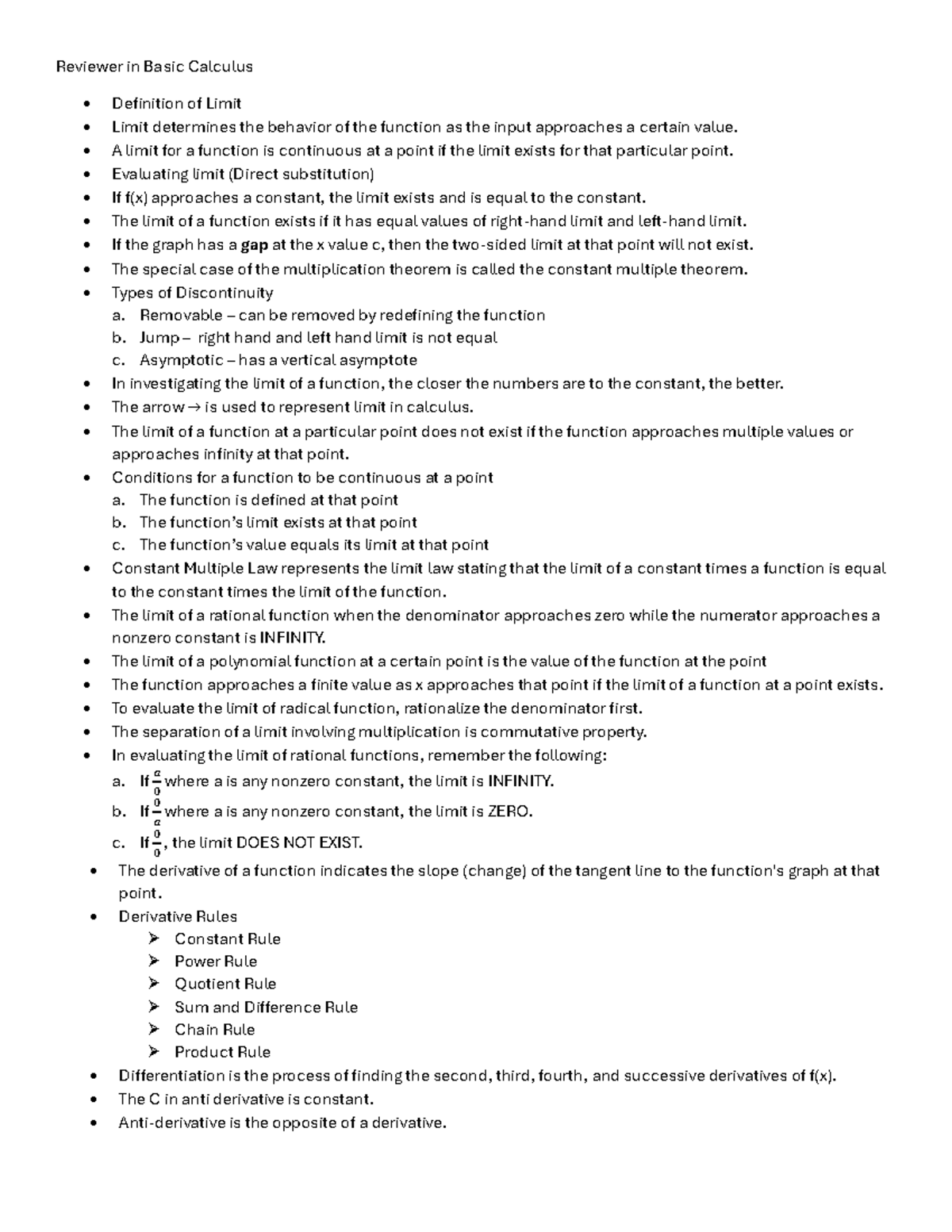 BAS CAL Pointers to Review - Reviewer in Basic Calculus - Definition of ...