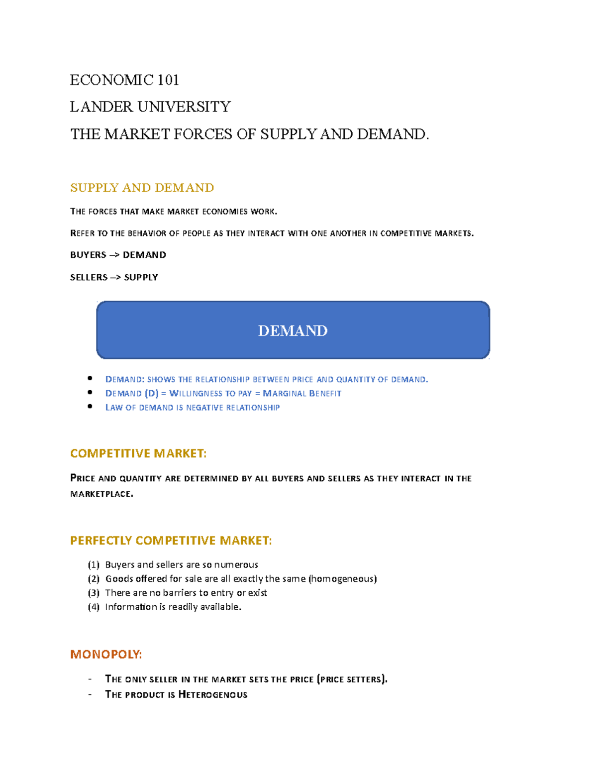 Economic- The supply and demand - ECONOMIC 101 LANDER UNIVERSITY THE ...