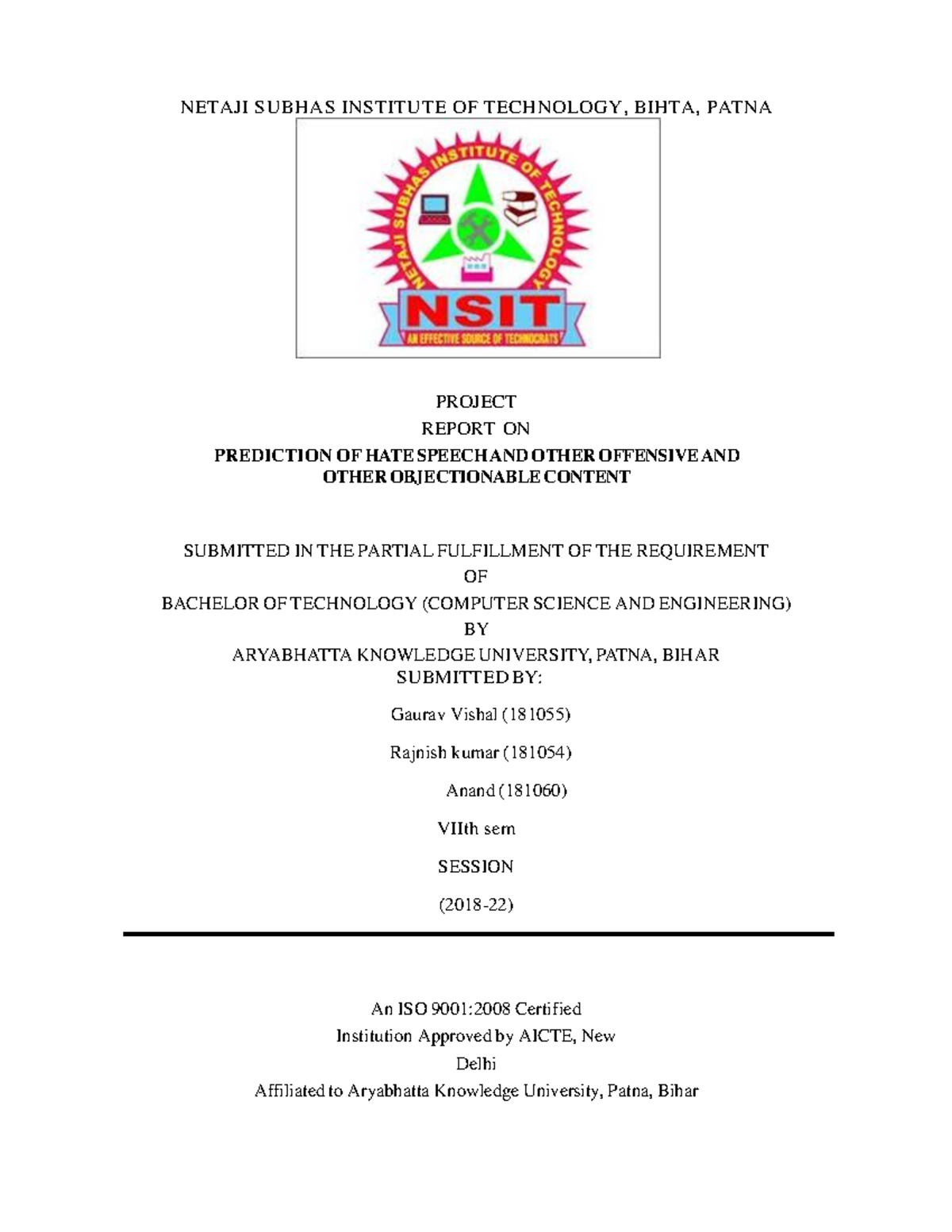 Final-project-report - NETAJI SUBHAS INSTITUTE OF TECHNOLOGY, BIHTA ...