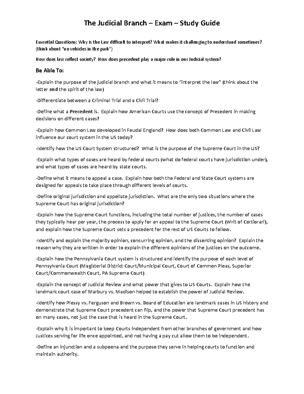 The judicial branch study guide 1 - The Judicial Branch – Exam – Study ...