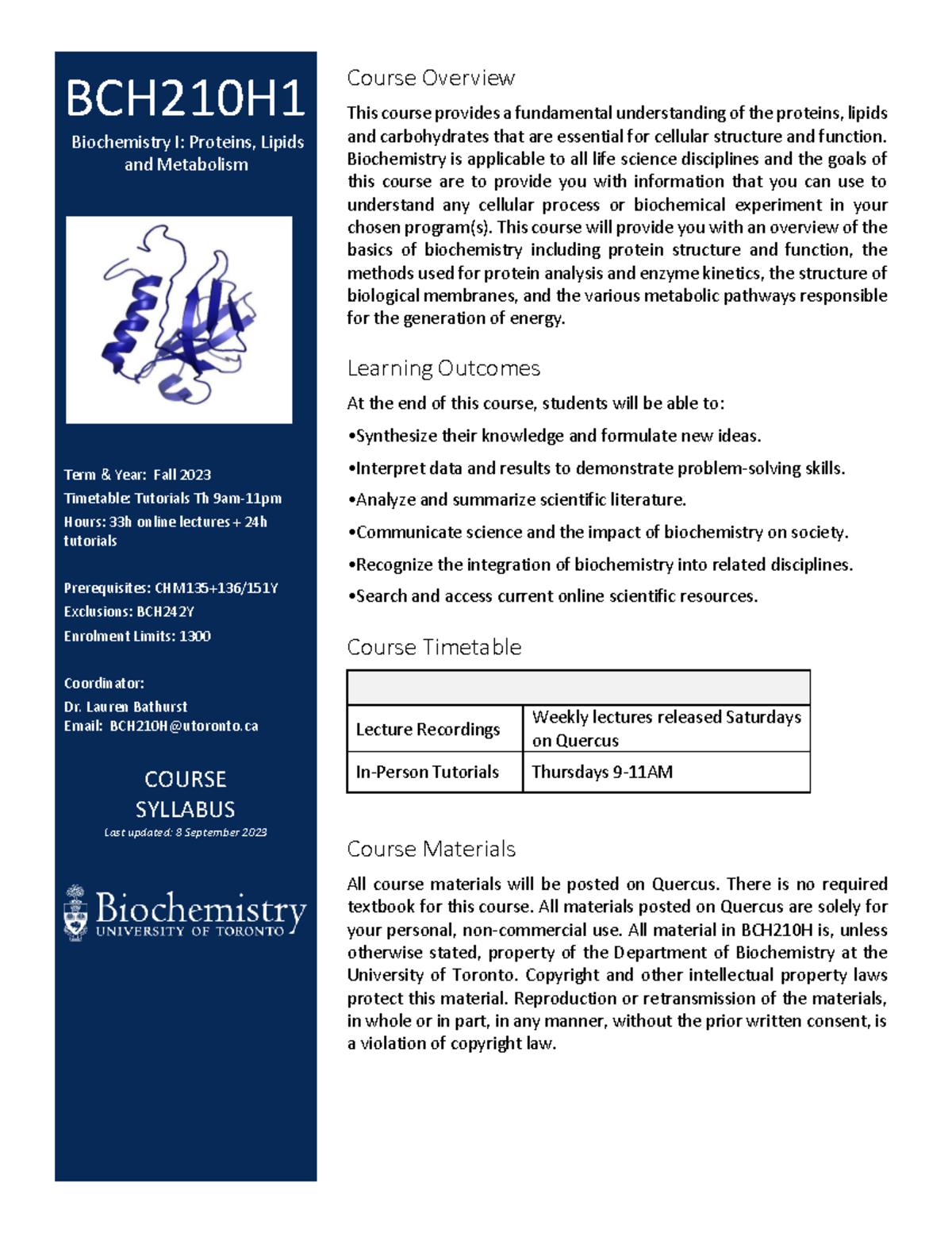 BCH210H1 Fall 2023 Syllabus - BCH210H Biochemistry I: Proteins, Lipids ...