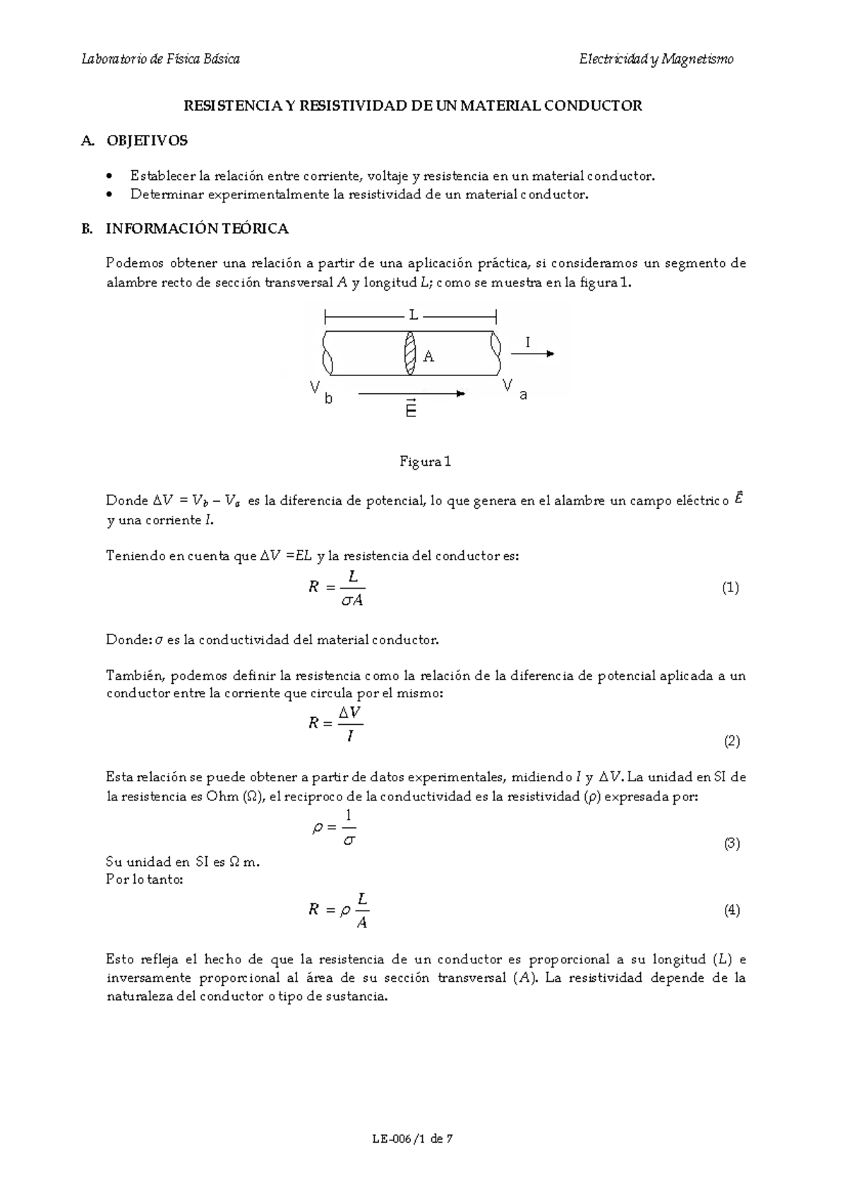 LE-006 resistencia y resisitividad (1) - RESISTENCIA Y RESISTIVIDAD DE UN MATERIAL CONDUCTOR A ...