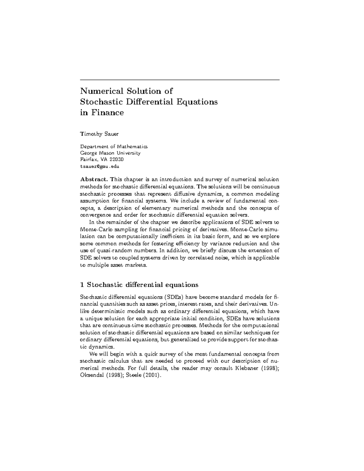 Sde Psych Numerical Solution Of Stochastic Differential Equations In Finance Timothy Sauer