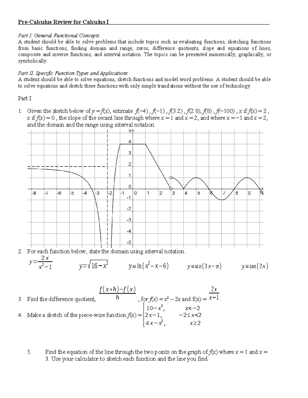 Precalreview - Math - Pre-Calculus Review for Calculus I Part I ...