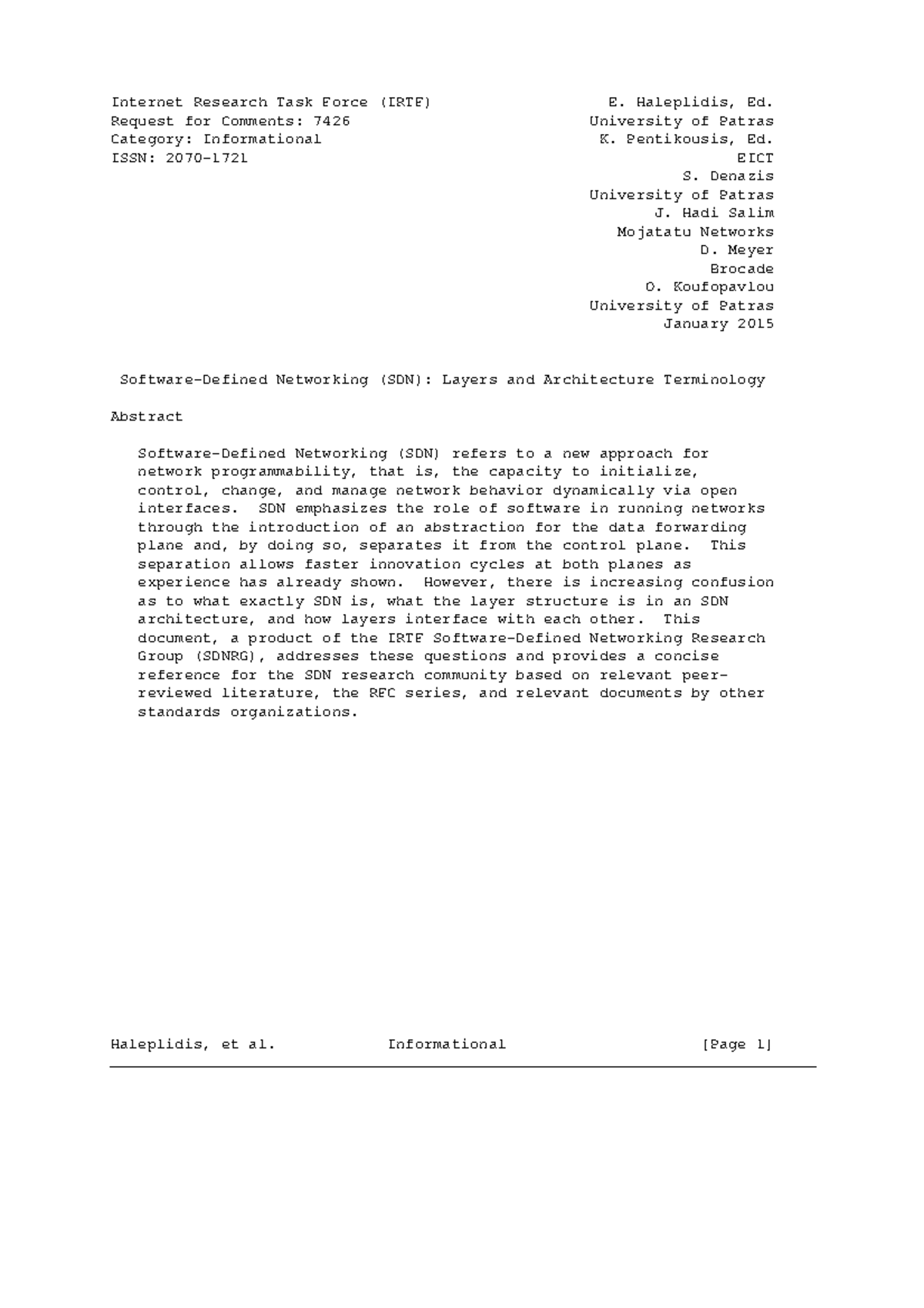 SDN rfc7426 - Taller - Internet Research Task Force (IRTF) E ...